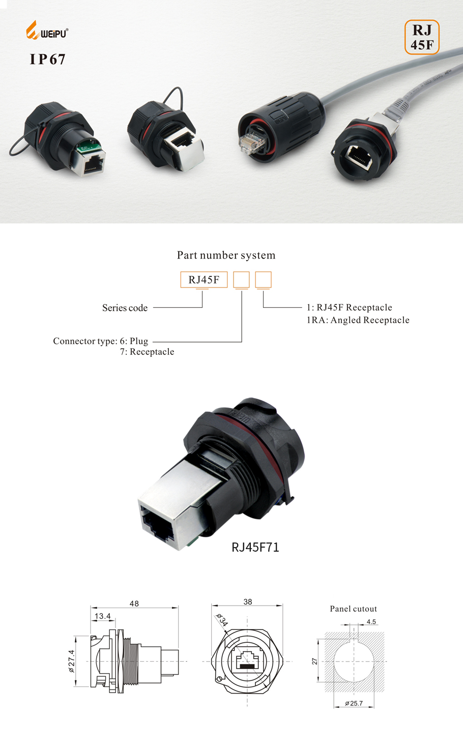 RJ45F Receptacle RJ45F71 Bayonet IP67 For Sale - WEIPU