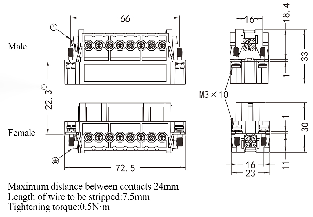 HA-016-MB HA-016-FB Male and Female 16A 250 16+PE Screw Contact Connector For Sale - WEIPU