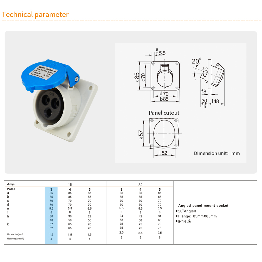 16A 3PIN Angled Panel Mount Socket TYP3501-IP44 For Sale - WEIPU