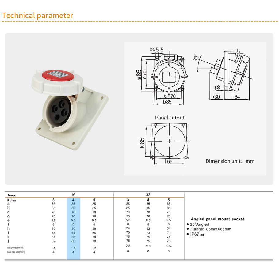 16A 4PIN Angled Panel Mount Socket TYP3519-IP67 For Sale - WEIPU