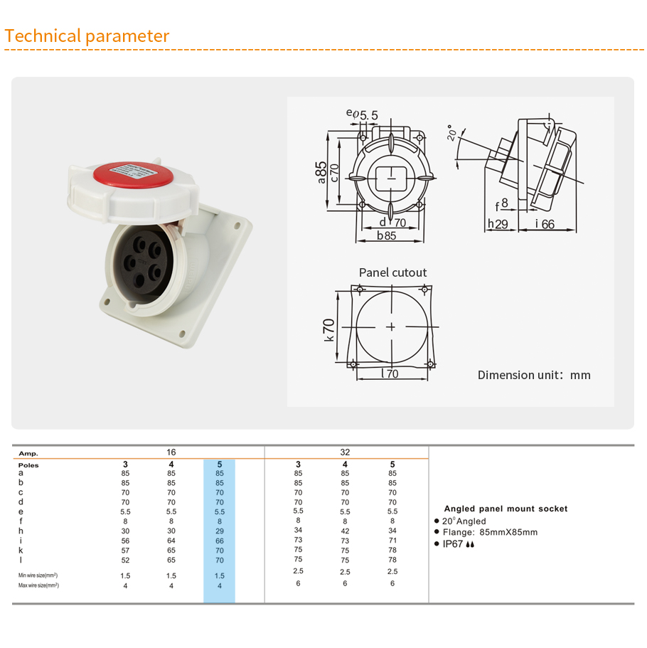 16A 5PIN Angled Panel Mount Socket TYP3524-IP67 For Sale - WEIPU