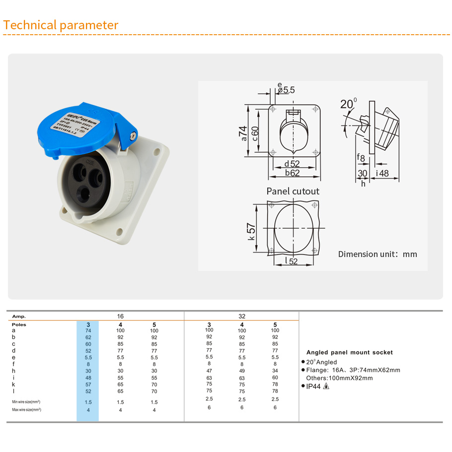 16A 4PIN Angled Panel Mount Socket TYP3618-IP44 For Sale - WEIPU
