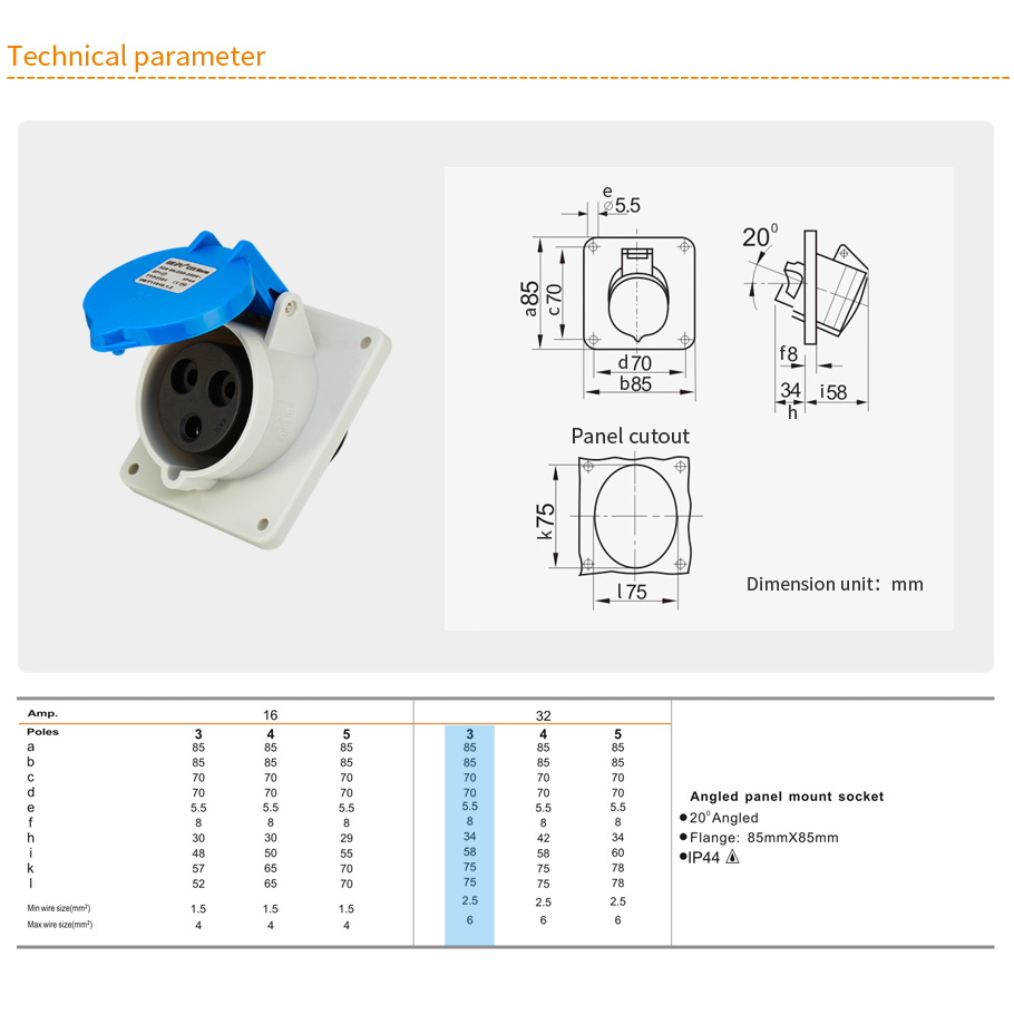 32A 3PIN Angled Panel Mount Socket TYP3701-IP44 For Sale - WEIPU