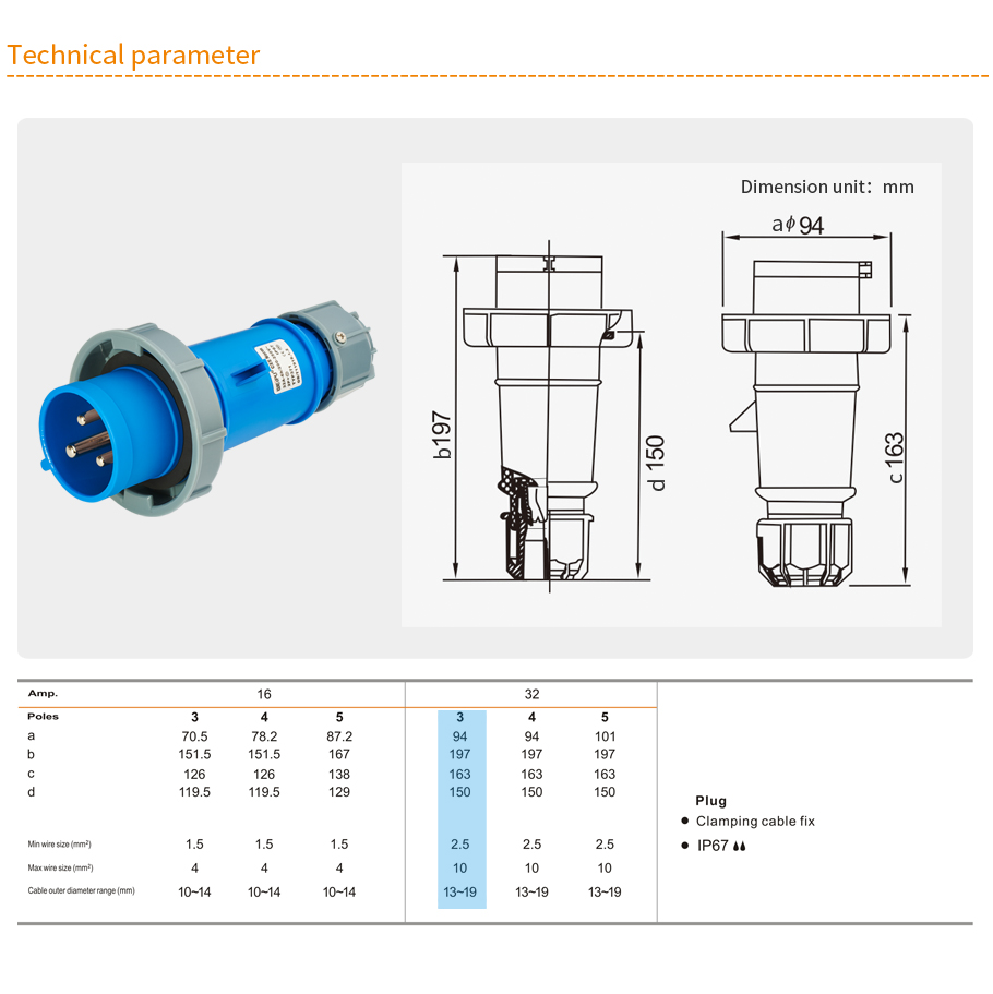 32A 3PIN Plug Clamping cable fix TYP371-IP67 For Sale - WEIPU