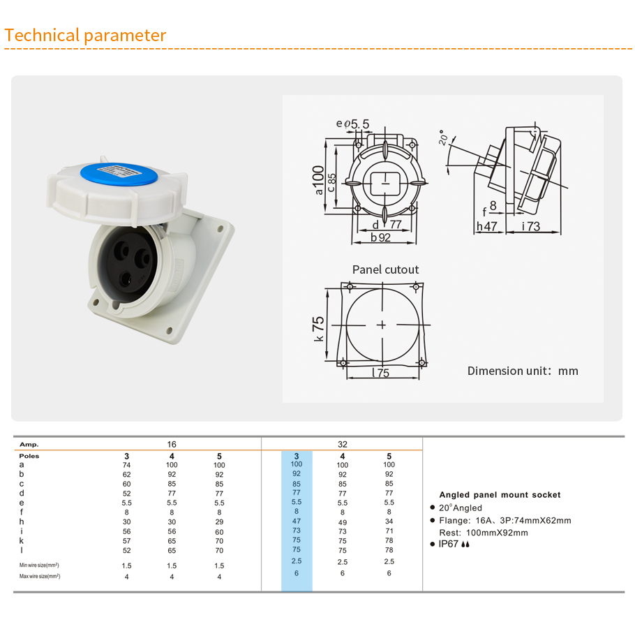 32A 3PIN Angled Panel Mount Socket TYP3802-IP67 For Sale - WEIPU