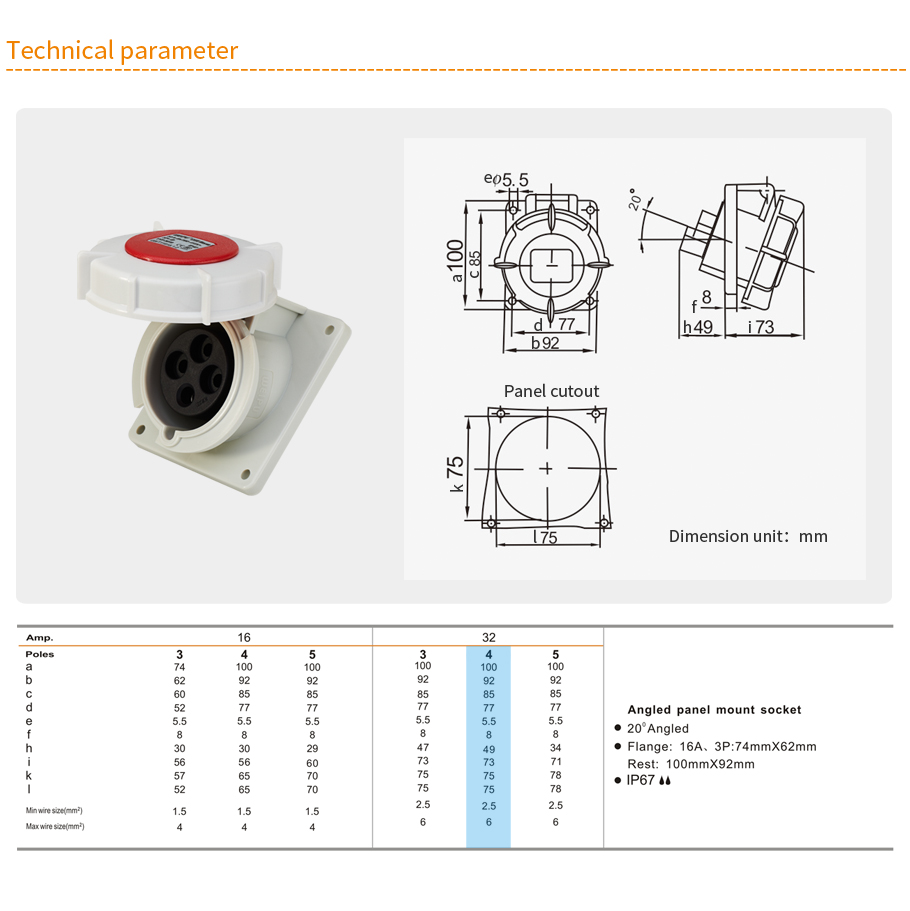 32A 4PIN Angled Panel Mount Socket TYP3819-IP6 For Sale - WEIPU