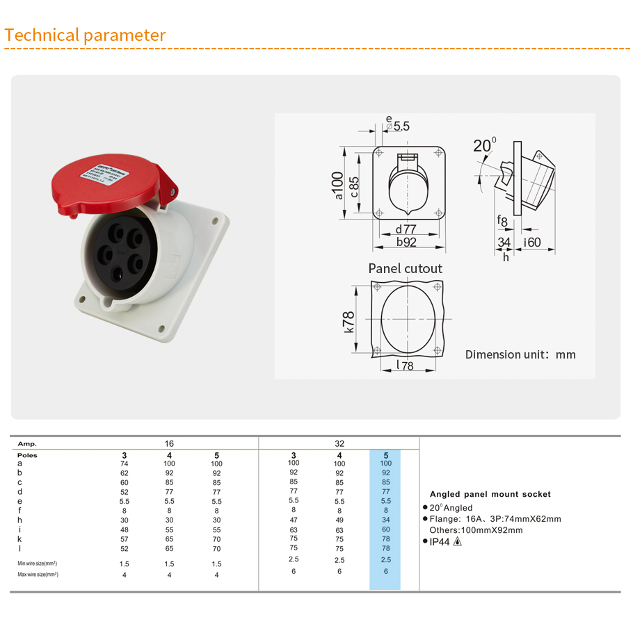 32A 5PIN Angled Panel Mount Socket TYP3823-IP44 For Sale - WEIPU
