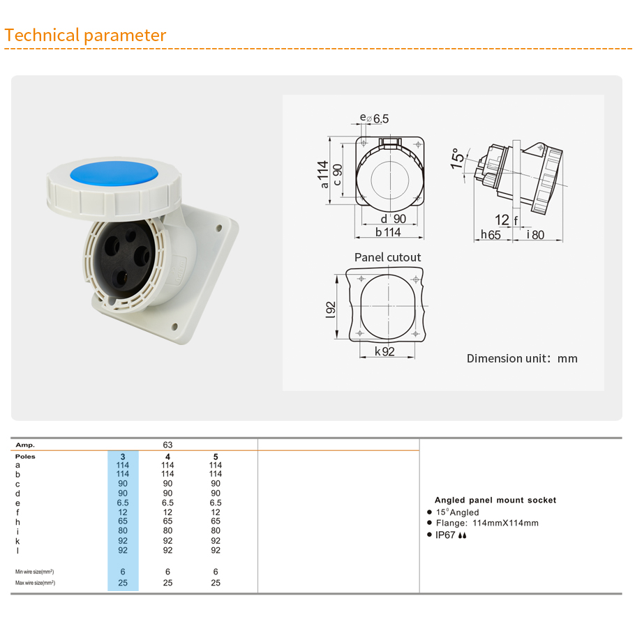 63A 3PIN Angled Panel Mount Socket TYP3902-IP67 For Sale - WEIPU
