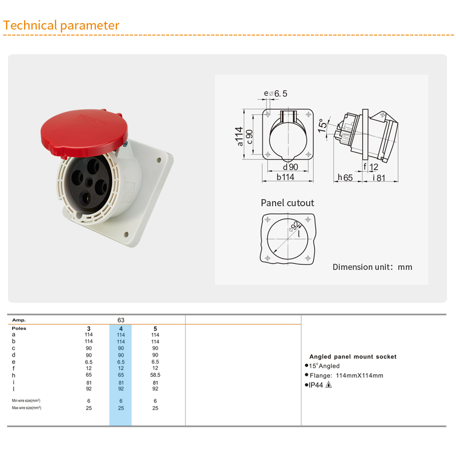 63A 4PIN Angled Panel Mount Socket TYP3918-IP44 For Sale - WEIPU
