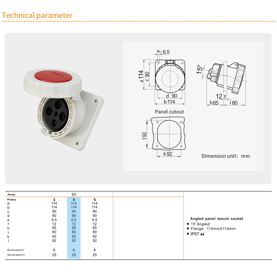 63A 4PIN Angled Panel Mount Socket TYP3919-IP67 For Sale - WEIPU