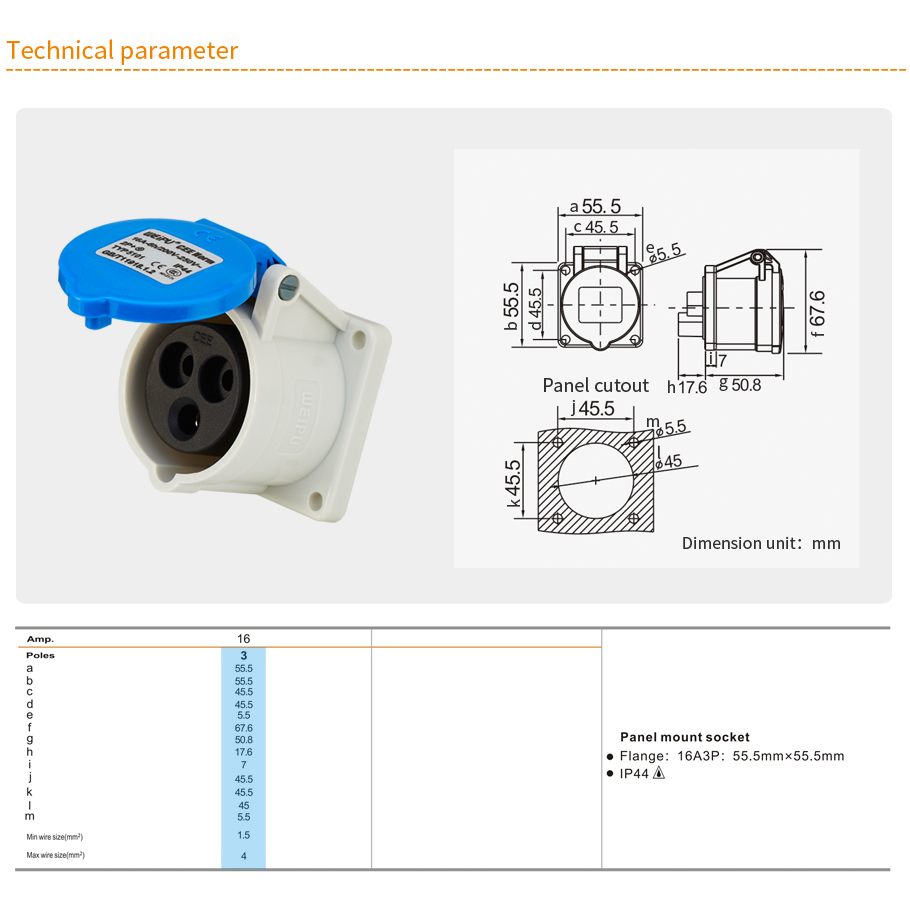 16A 3PIN Panel mount socket TYP5101-IP44 For Sale - WEIPU