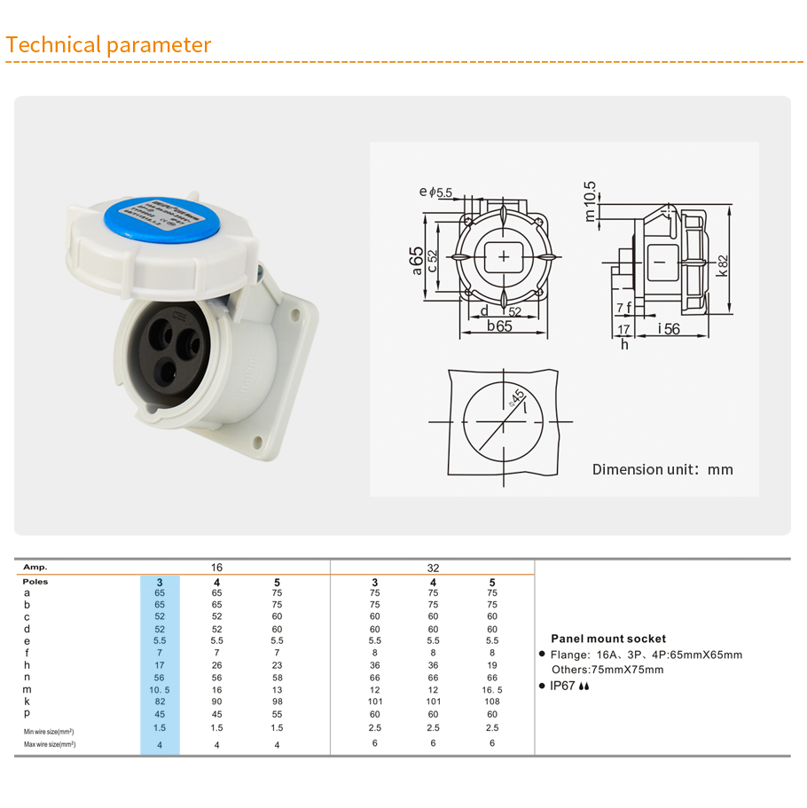 16A 3PIN Panel mount socket TYPR5602-IP67 For Sale - WEIPU
