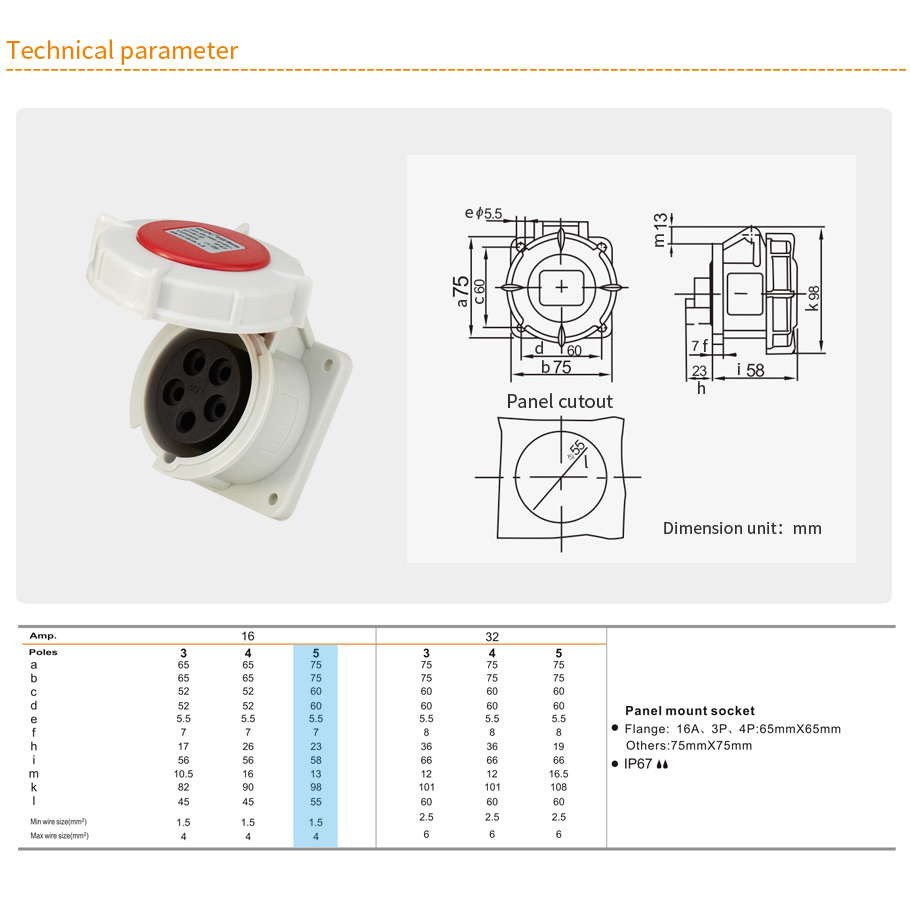 16A 5PIN Panel Mount Socket TYP5624-IP67 For Sale - WEIPU