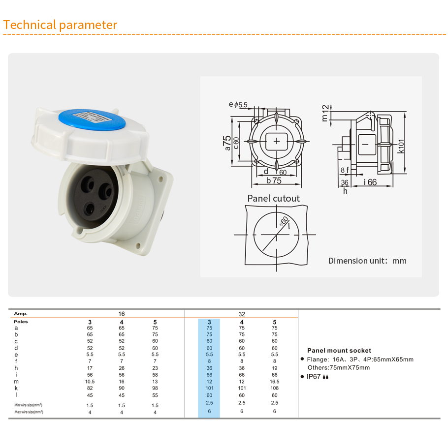 32A 3PIN Panel Mount Socket TYP5802-IP67 For Sale - WEIPU