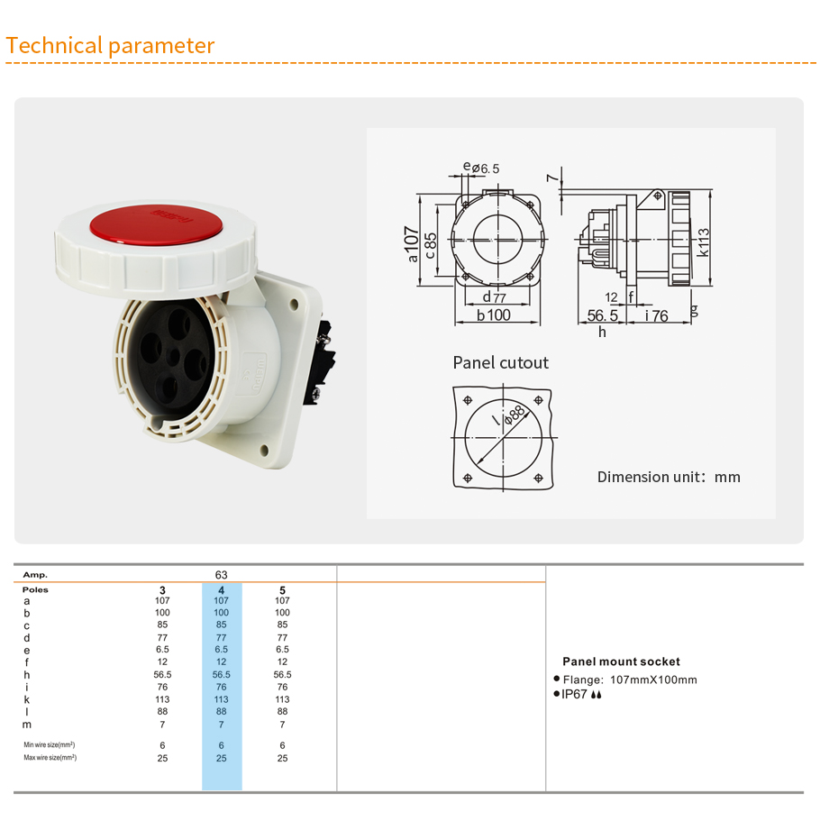 63A 4PIN Panel Mount Socket TYP5919-IP67 For Sale - WEIPU