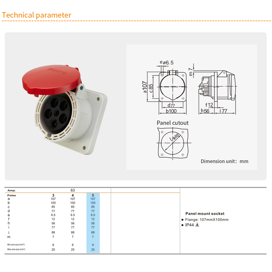 63A 5PIN Panel Mount Socket TYP5923-IP44 For Sale - WEIPU
