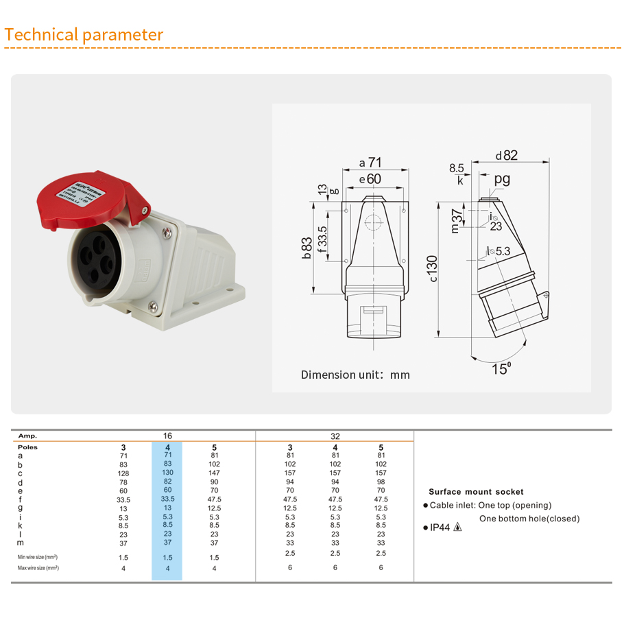 16A 4PIN Surface Mount Socket TYP6618-IP44 For Sale - WEIPU