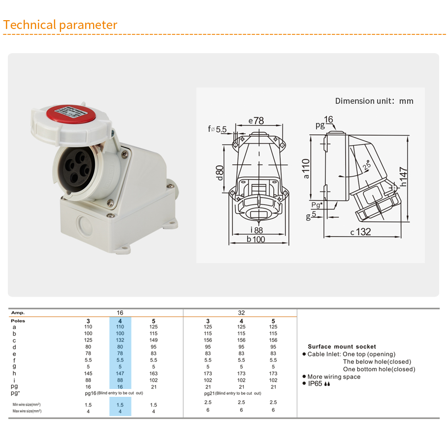 16A 4PIN Surface Mount Socket TYP6619-IP65 For Sale - WEIPU