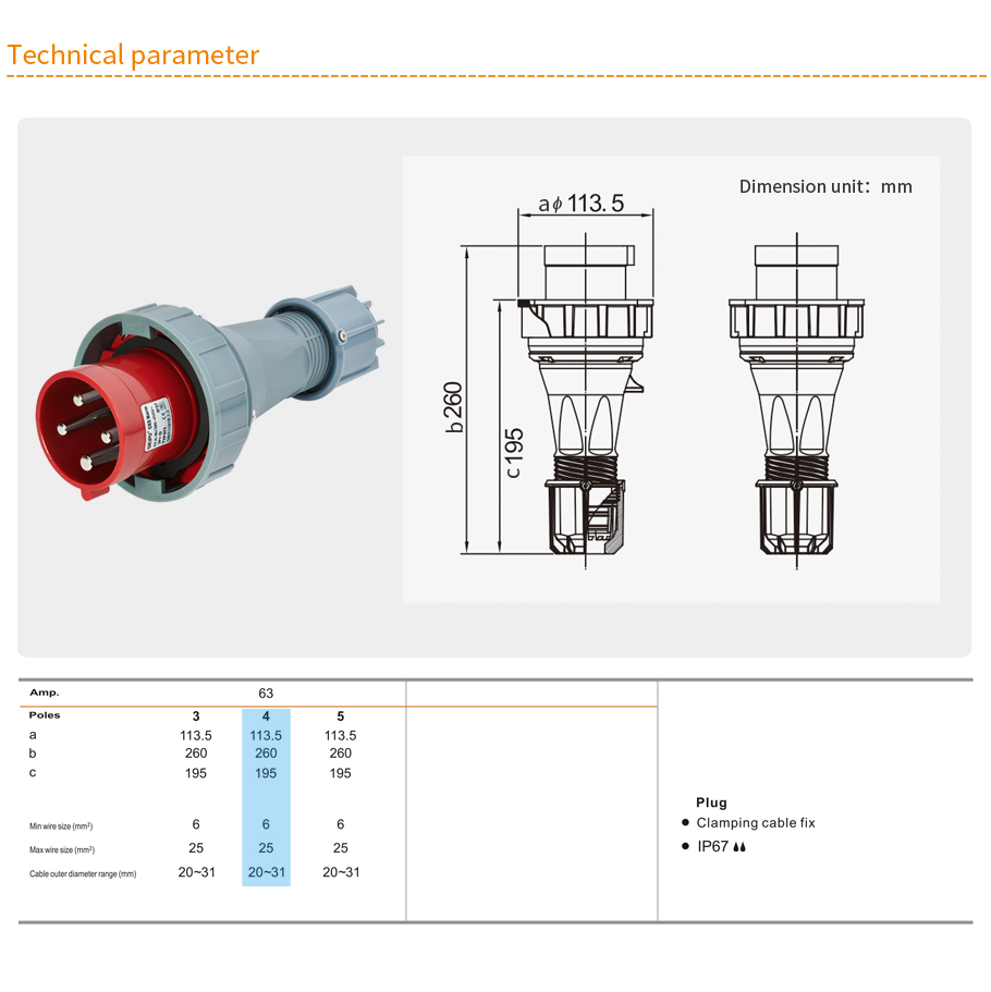63A 4PIN Plug Clamping cable fix TYP673-IP67 For Sale - WEIPU