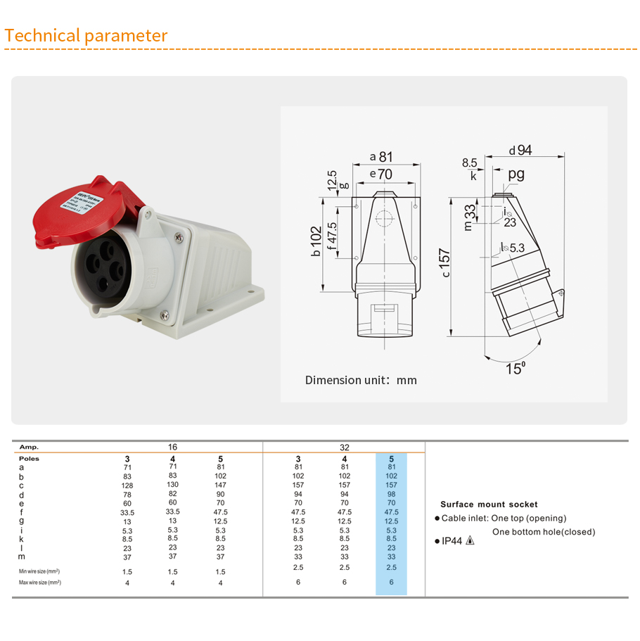 32A 5PIN Surface Mount Socket TYP6823-IP44 For Sale - WEIPU