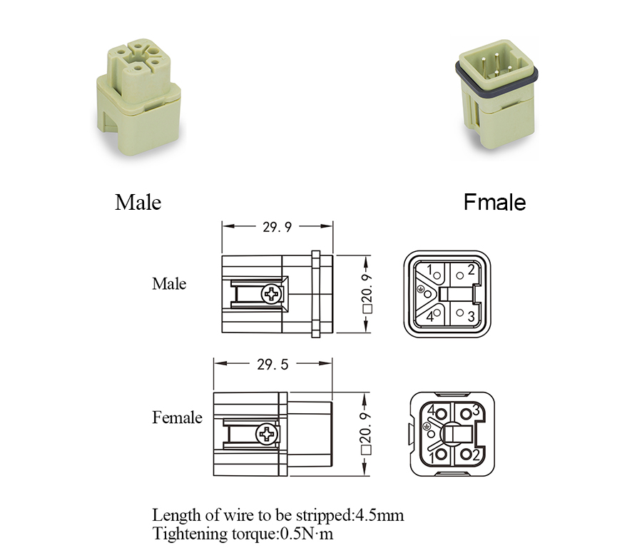 HA-004- HA-004-F Male and Female 10A 230/400v 4+PE Screw Contact Connector For Sale - WEIPU
