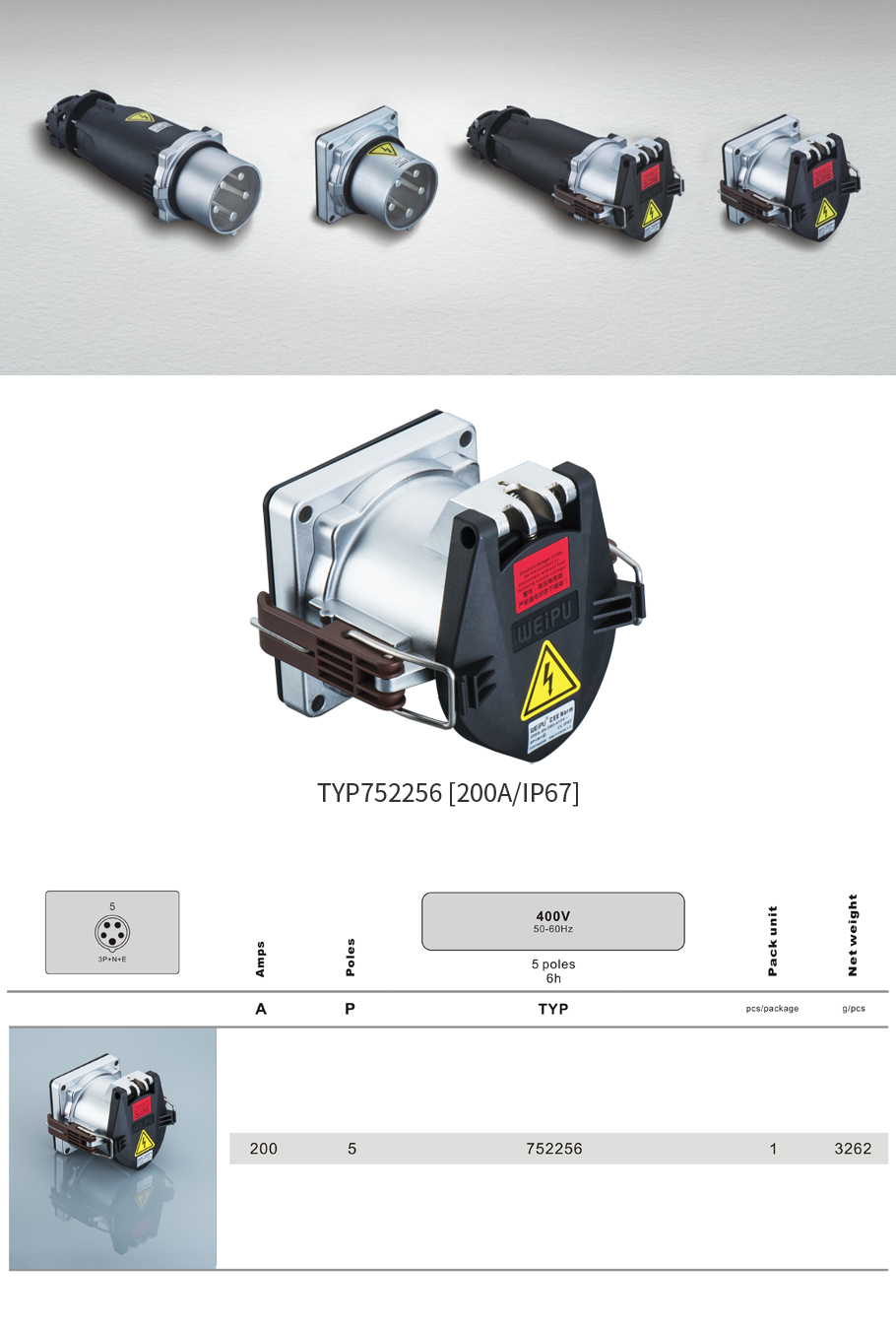 200A 5PIN Connector socket TYP752256-IP67 For Sale - WEIPU