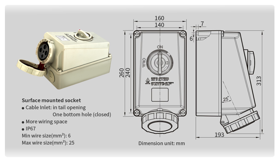 63A(3P+PE)Socket with mechanical interlock TYP9919 IP67 - WEIPU