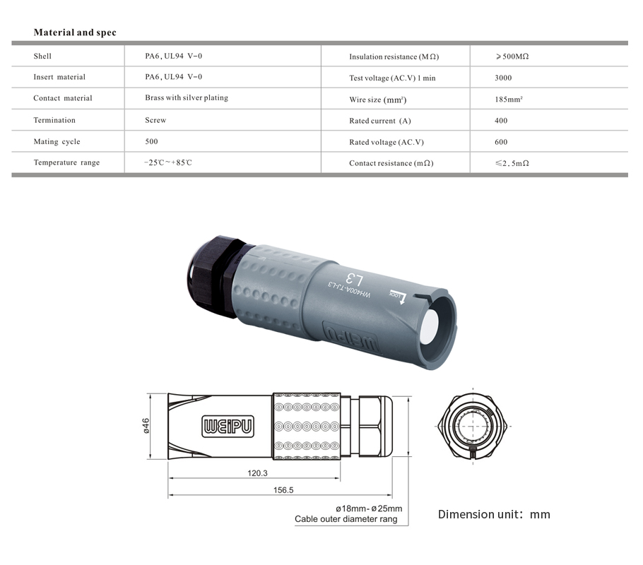 400Amp Male-contact plug WH400A-TJ-L3 IP67 - WEIPU