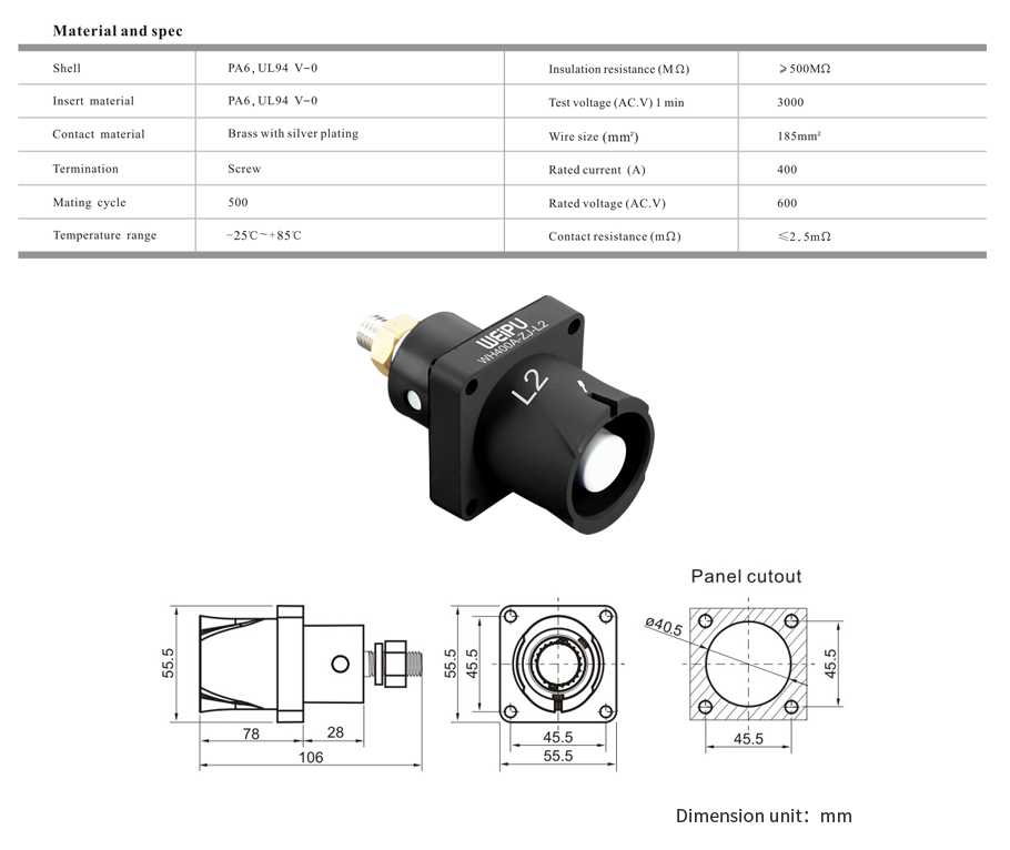 400Amp Female-contact socket WH400A-ZK-L2 IP67 - WEIPU
